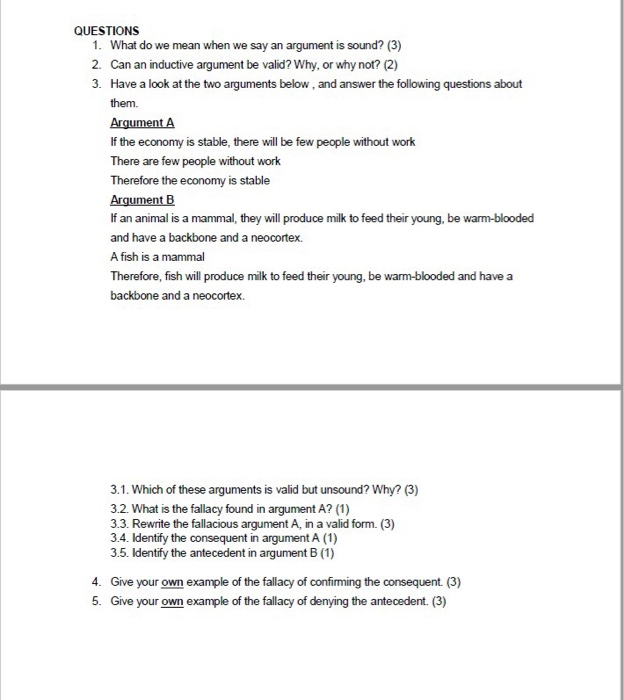 Solved QUESTIONS 1. What do we mean when we say an argument | Chegg.com