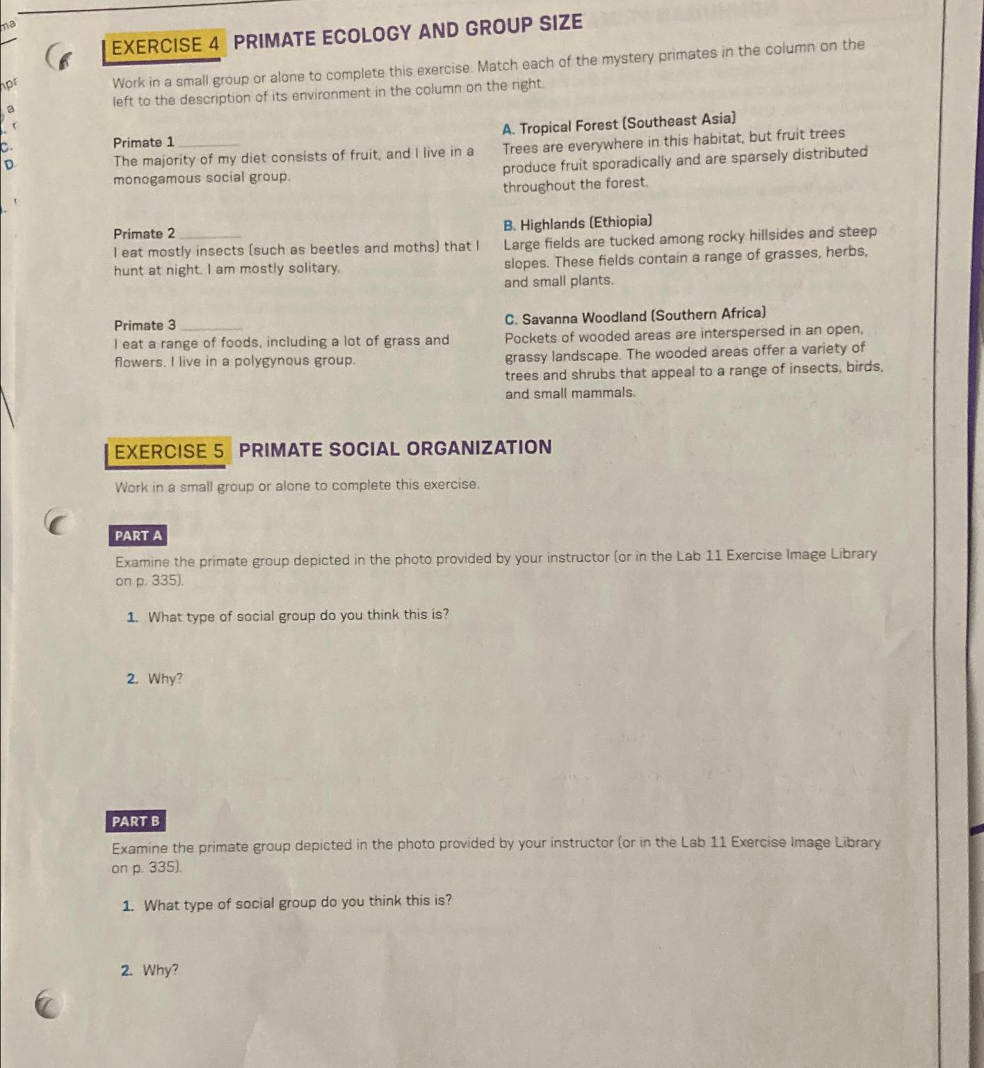 Solved PRIMATE ECOLOGY AND GROUP SIZEWork in a small group | Chegg.com