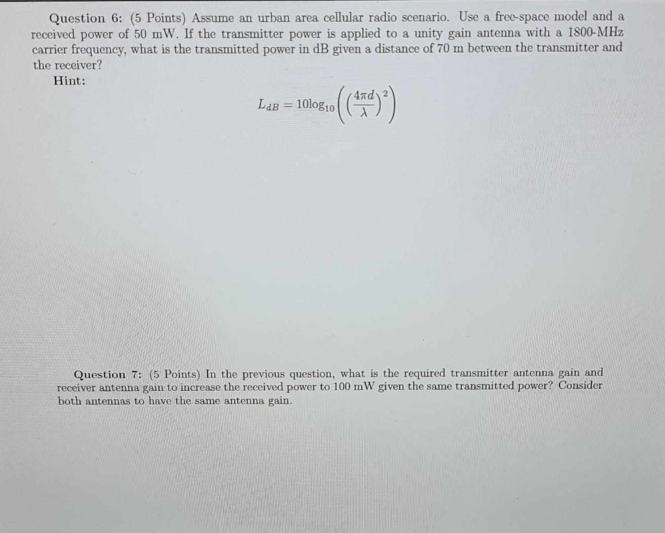 Solved Question 6: (5 Points) Assume an urban area cellular | Chegg.com