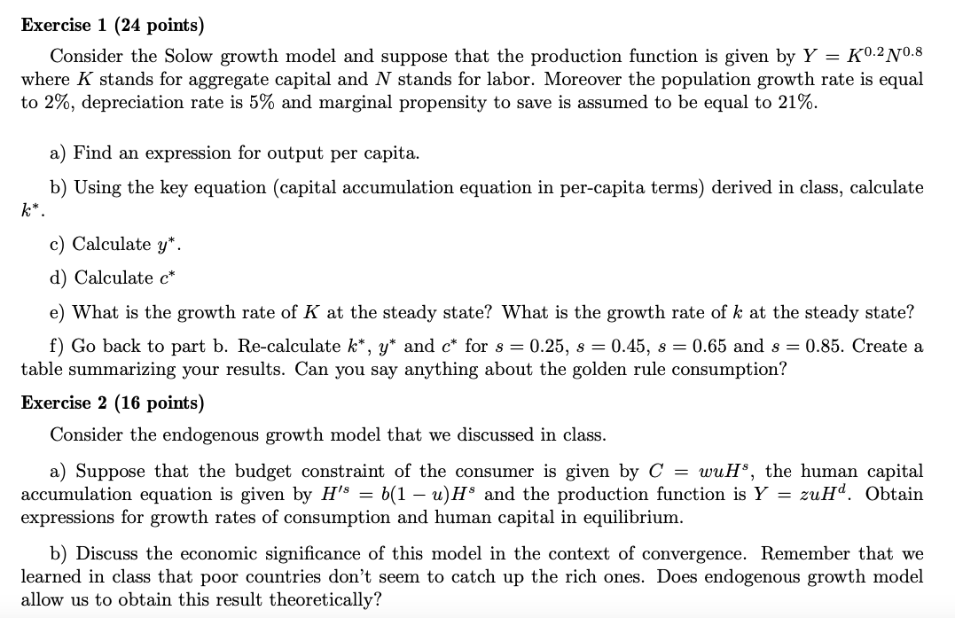 Solved Exercise 1 (24 ﻿points)Consider the Solow growth | Chegg.com