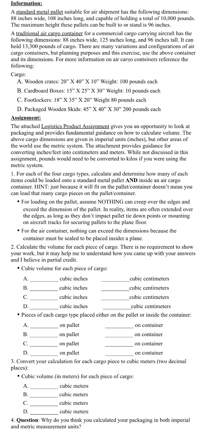 Solved I need help solving this for a logistics class. | Chegg.com