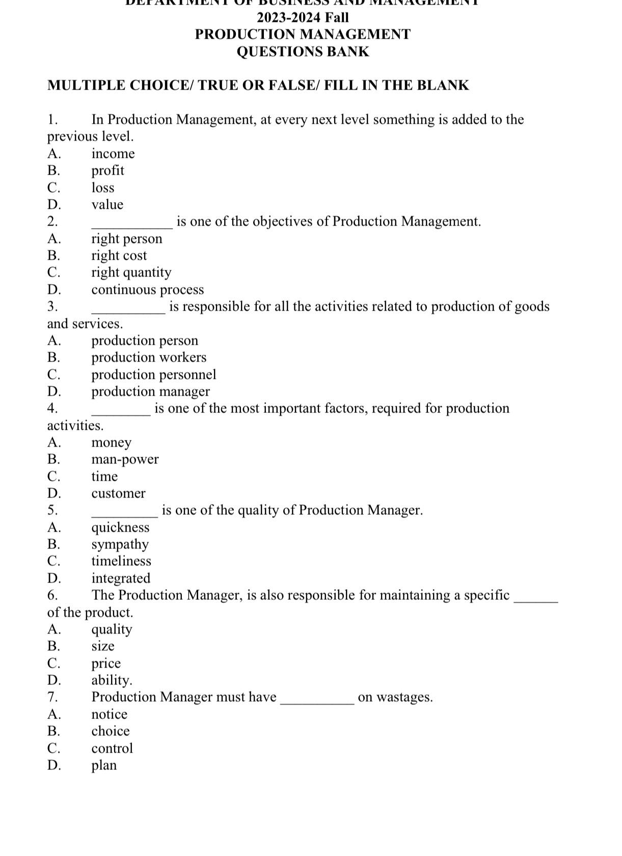 Solved 2023-2024 ﻿FallPRODUCTION MANAGEMENTQUESTIONS | Chegg.com