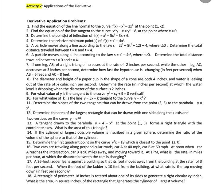 Solved Activity 2: Applications of the Derivative Derivative | Chegg.com