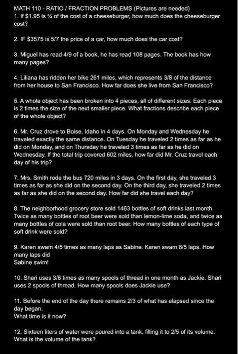 Solved MATH 110 - RATIO / FRACTION PROBLEMS (Pictures are | Chegg.com