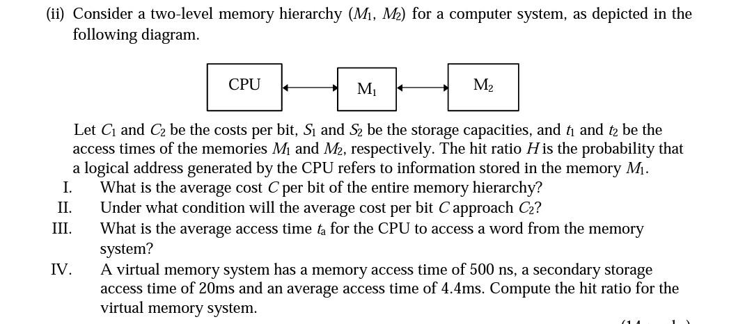 Solved (ii) Consider a two-level memory hierarchy (M₁, M₂) | Chegg.com Solved (ii) Consider a two-level memory hierarchy (M₁, M₂) | Chegg.com