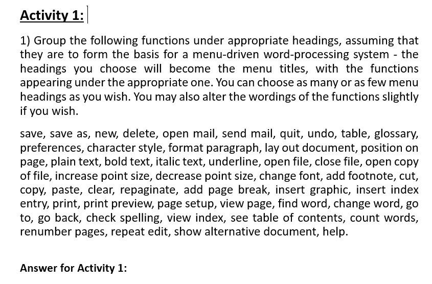 Solved Activity 1: 1) Group the following functions under | Chegg.com