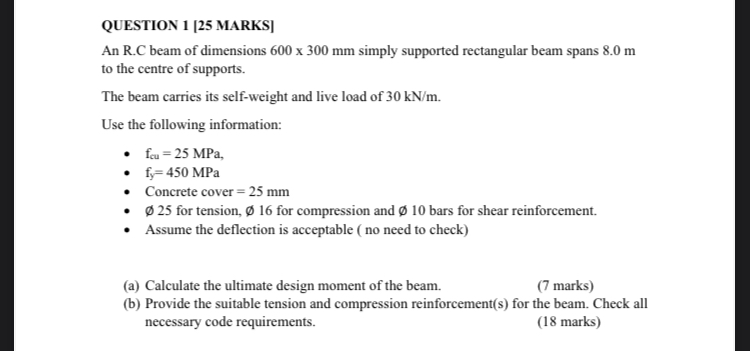 Solved QUESTION 1 [25 ﻿MARKS]An R.C beam of dimensions | Chegg.com