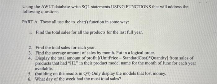 Solved Using the AWLT database write SQL statements USING | Chegg.com