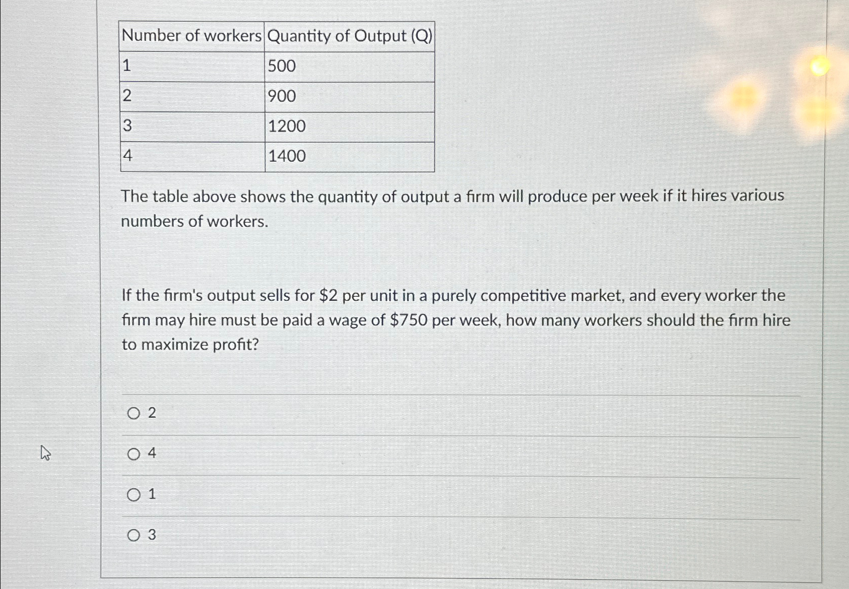 Solved \table[[Number of workers,Quantity of Output | Chegg.com
