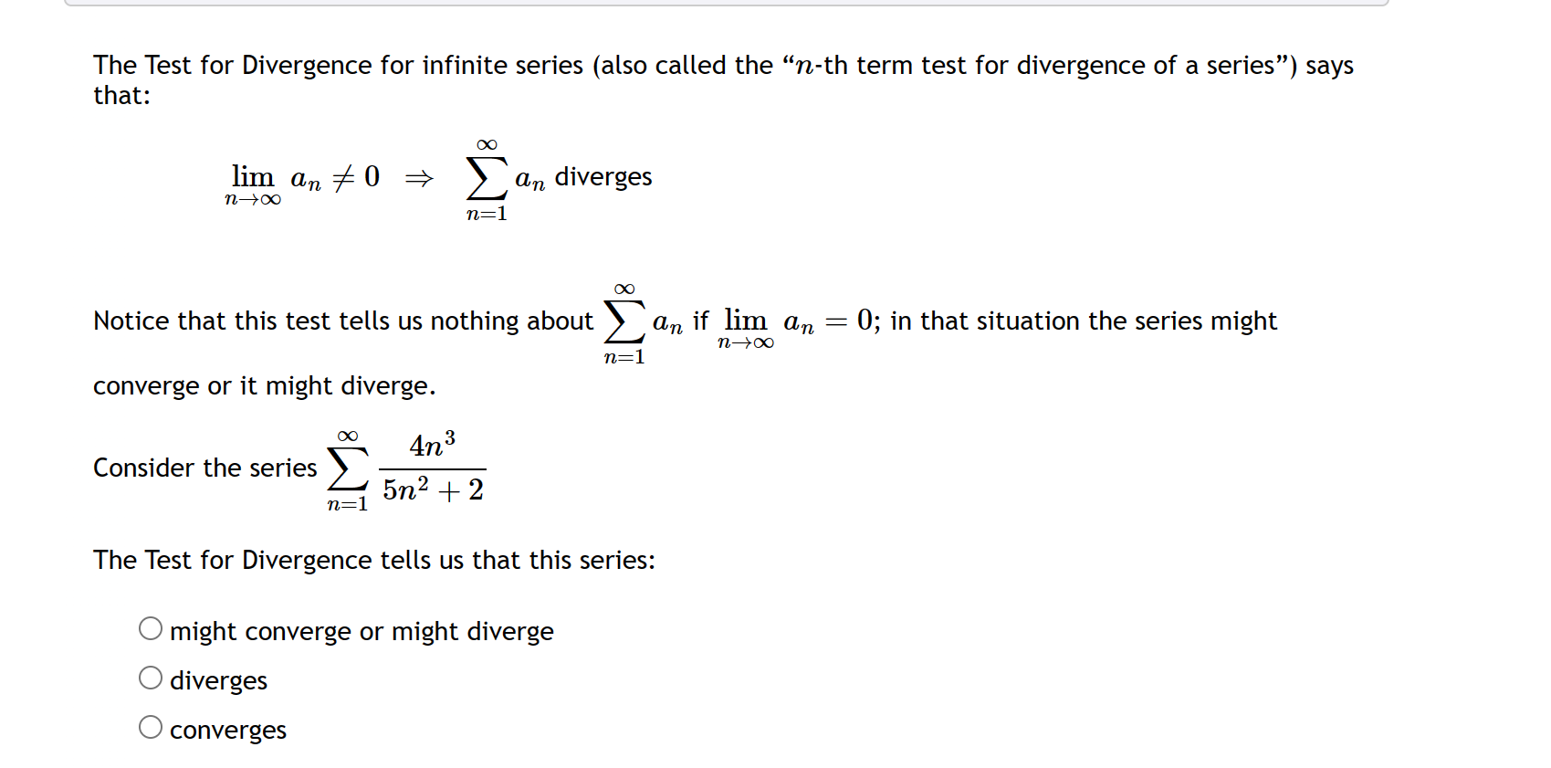 Solved HELP!!!The Test for Divergence for infinite series | Chegg.com
