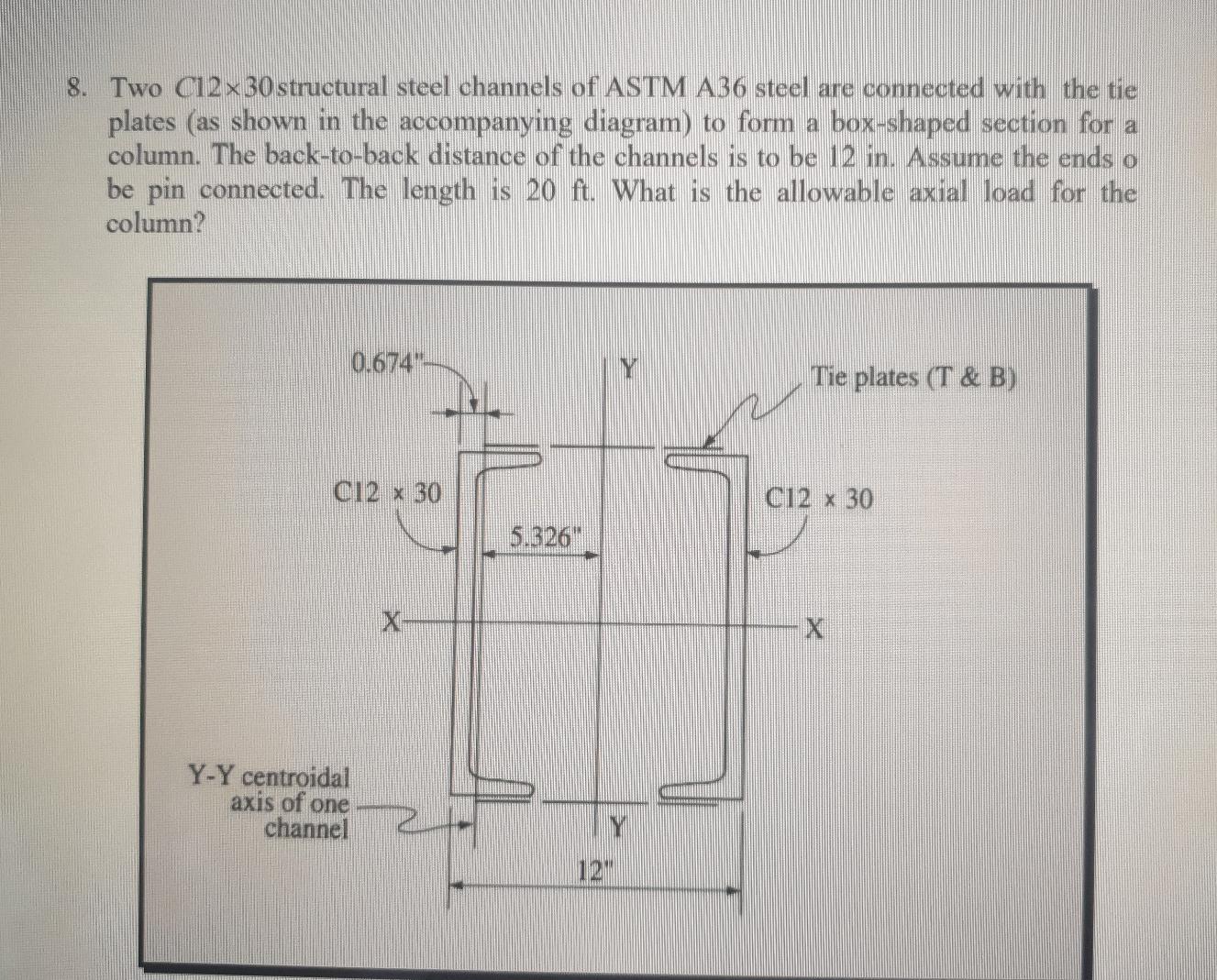 Solved 8. Two C12x30 structural steel channels of ASTM A36 | Chegg.com