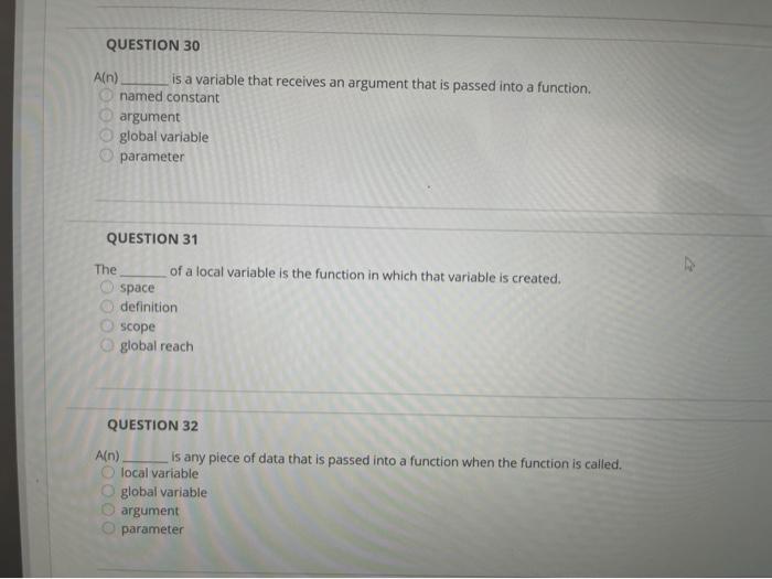 Solved QUESTION 30 A(n) is a variable that receives an | Chegg.com