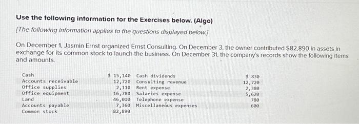 Solved Use the following intormation for the Exercises | Chegg.com Solved Use the following intormation for the Exercises | Chegg.com