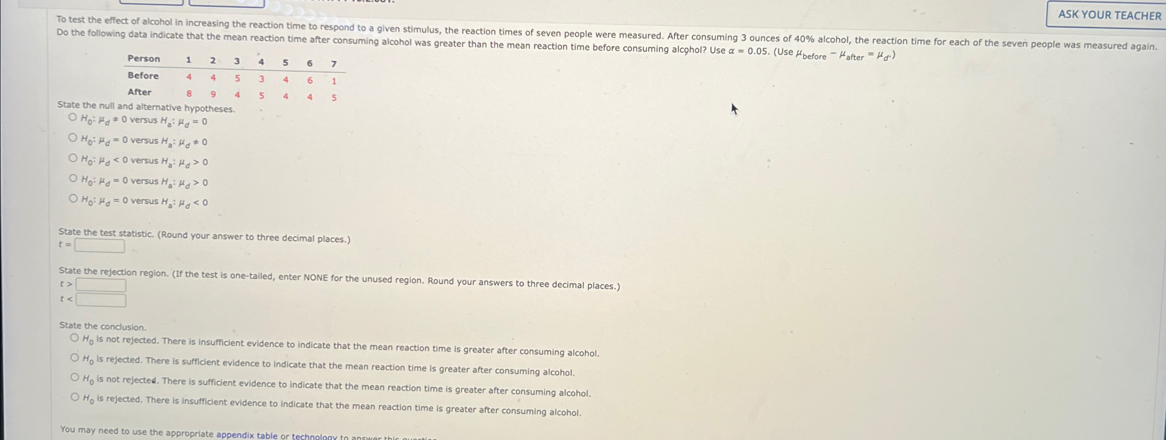 Solved Do the following data indicate that the mean reaction | Chegg.com