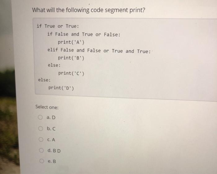 Solved What will the following code segment print? if True | Chegg.com