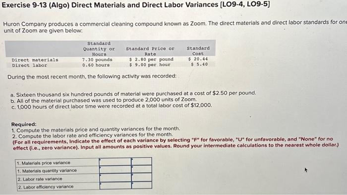 Solved Exercise 9-13 (Algo) Direct Materials and Direct | Chegg.com