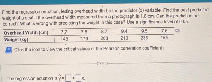 Solved Find the regression equation, letting overhead width | Chegg.com