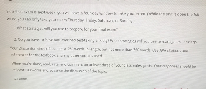 Solved Your final exam is next week; you will have a | Chegg.com