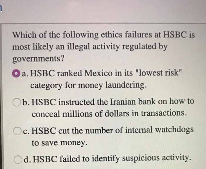 Solved Which of the following ethics failures at HSBC is | Chegg.com
