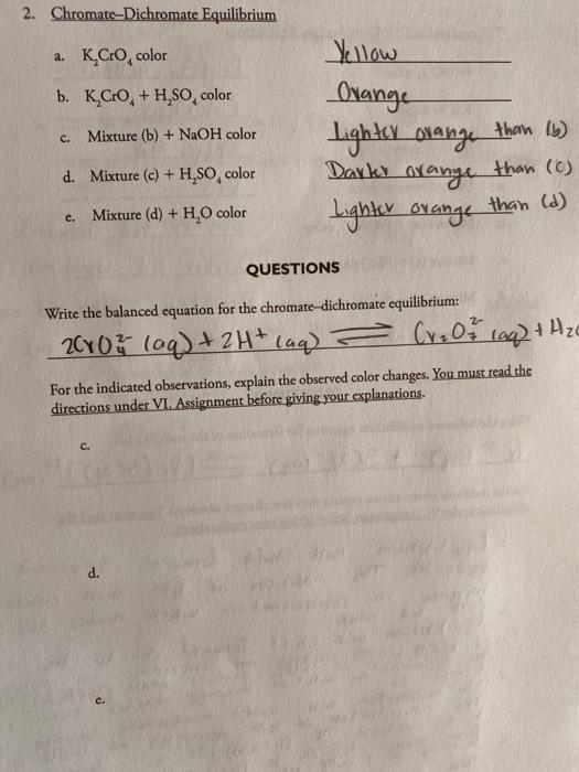 Solved 2. Chromate-Dichromate Equilibrium a. K Crocolor | Chegg.com