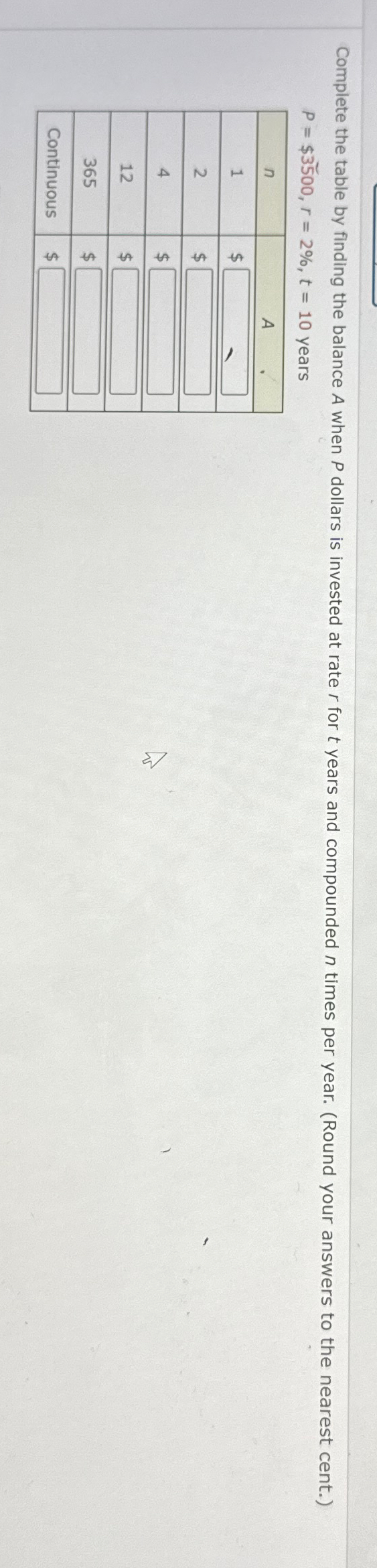 Complete the table by finding the balance A when P | Chegg.com