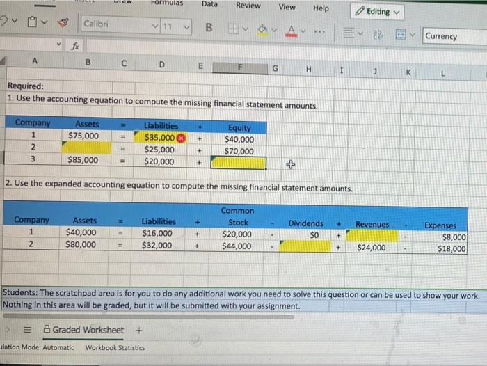 Solved dw Formulas Data Review View Help Editing 2 Calibri | Chegg.com