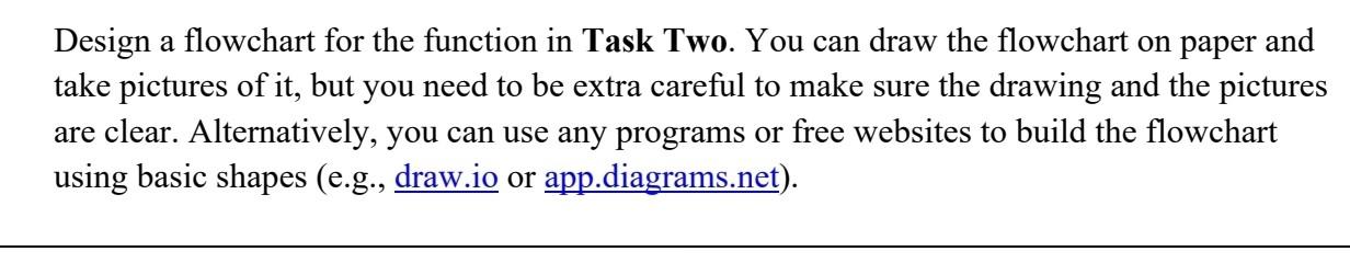 Solved Design a flowchart for the function in Task Two. You | Chegg.com