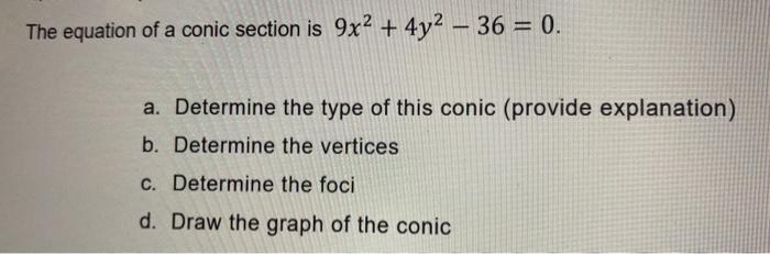 Solved The equation of a conic section is 9x2 + 4y2 – 36 = | Chegg.com