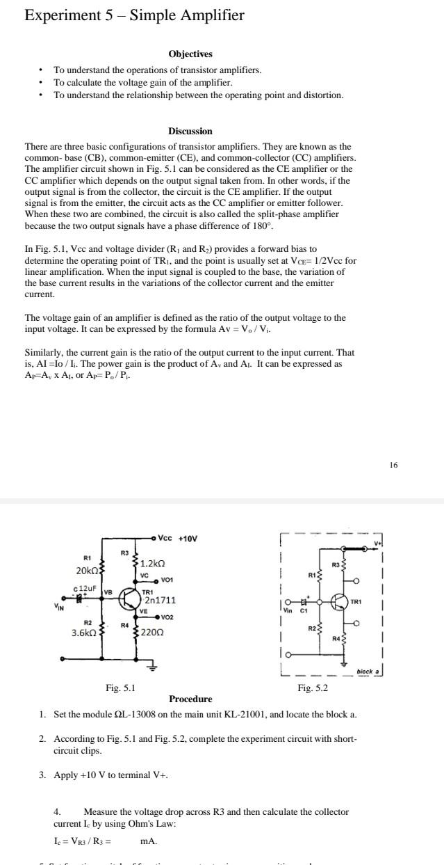 Solved Experiment 5 - Simple Amplifier - Objectives To | Chegg.com