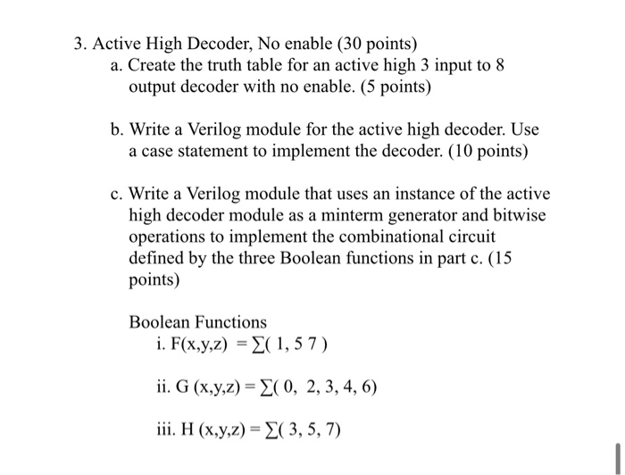 Solved 3. Active High Decoder, No enable (30 points) a. | Chegg.com