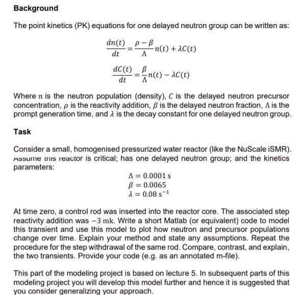 Background The point kinetics (PK) equations for one | Chegg.com