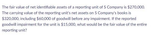 Solved The fair value of net identifiable assets of a | Chegg.com