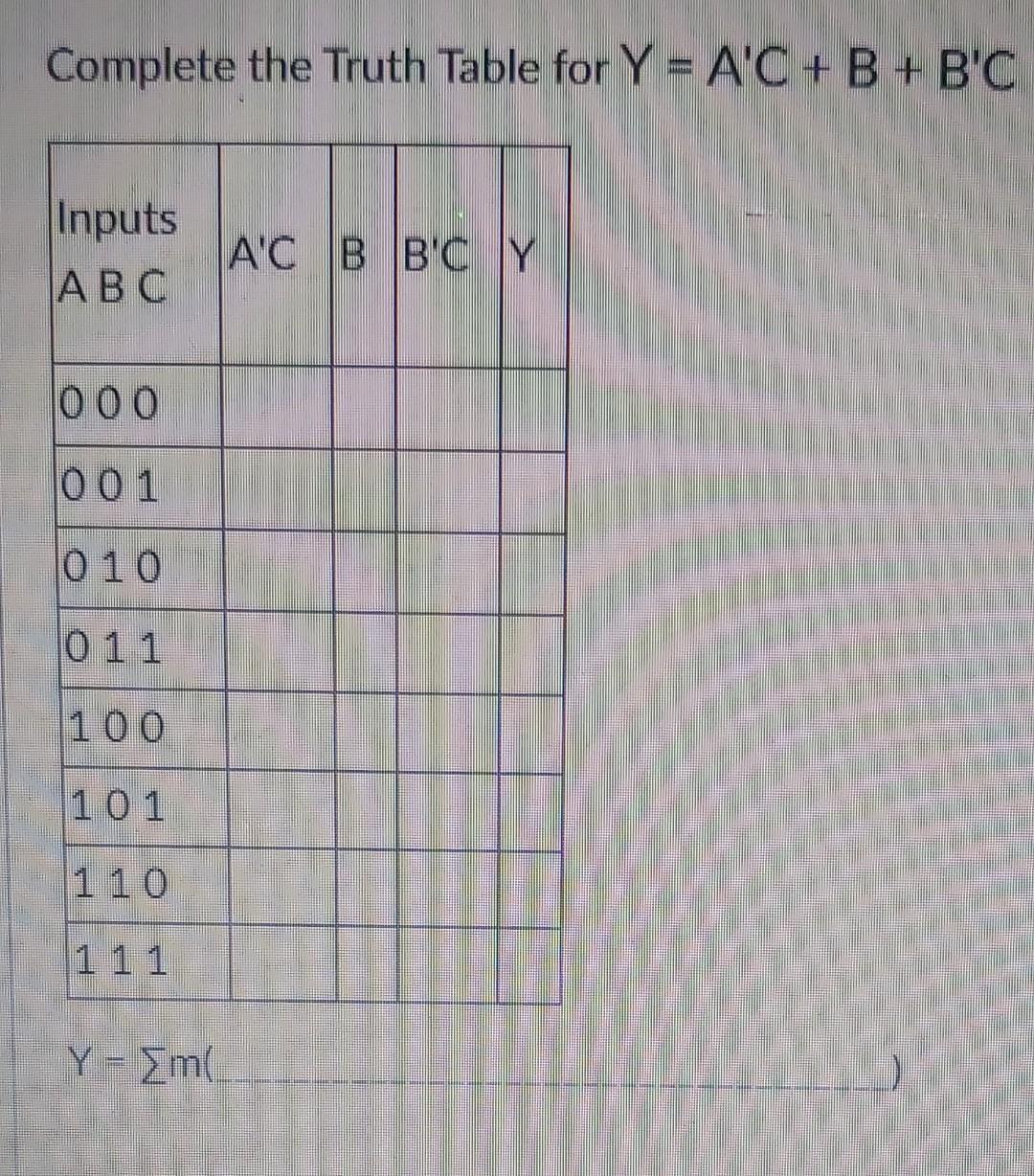 Solved Complete the Truth Table for Y=A′C+B+B′C | Chegg.com