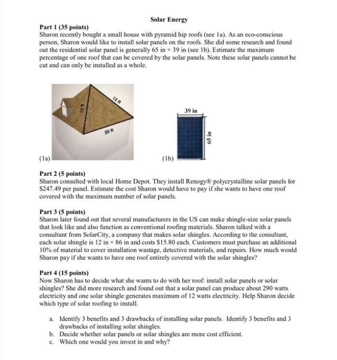 Solved Solar Energy Part 1 (35 points) Sharon recently | Chegg.com