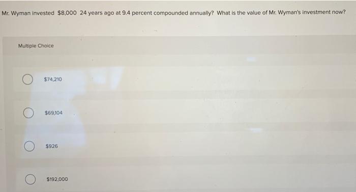 Solved Mr. Wyman invested $8,00024 years ago at 9.4 percent | Chegg.com
