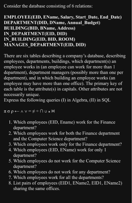 Solved Consider the database consisting of 6 relations: | Chegg.com