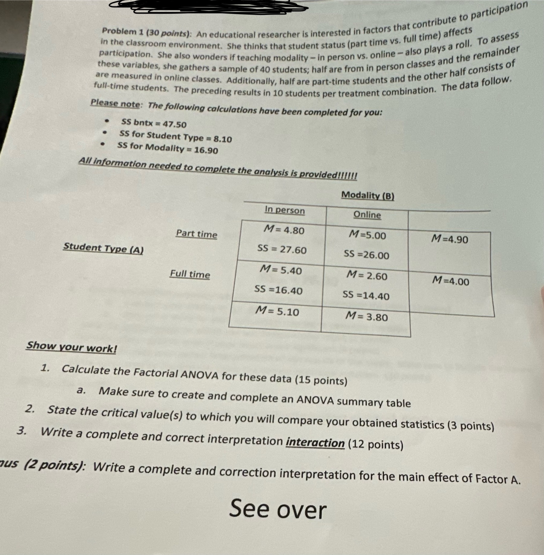 Solved Problem 1 ( 30 ﻿points): An educational researcher is | Chegg.com