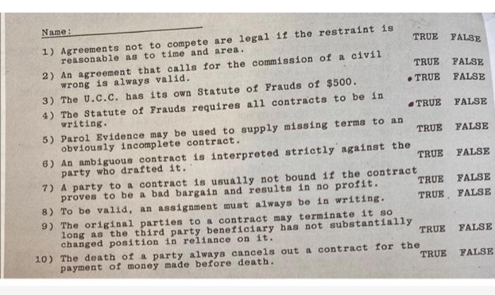 Solved Name: FALSE 1) Agreements not to compete are legal if | Chegg.com