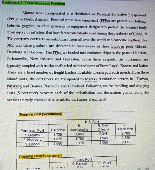 Solved Problem #2 Transshipment Problem Marwas Med | Chegg.com