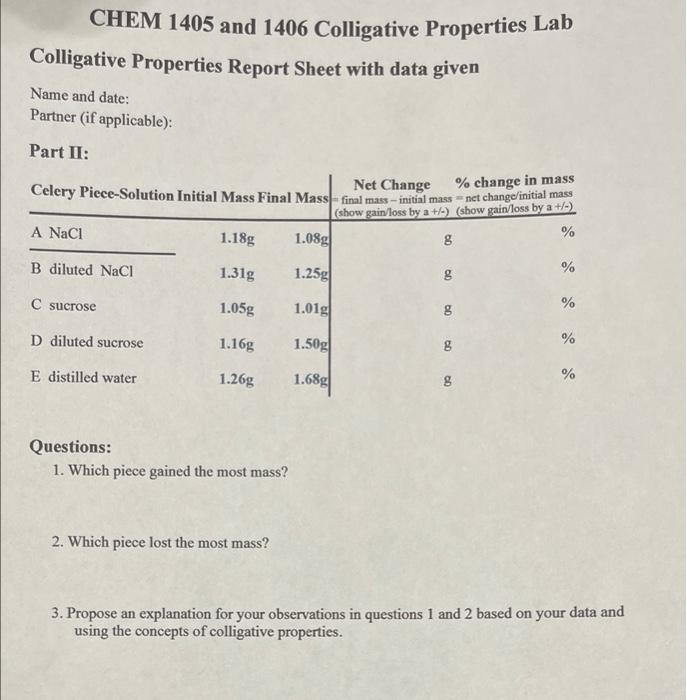 Solved CHEM 1405 and 1406 Colligative Properties Lab | Chegg.com