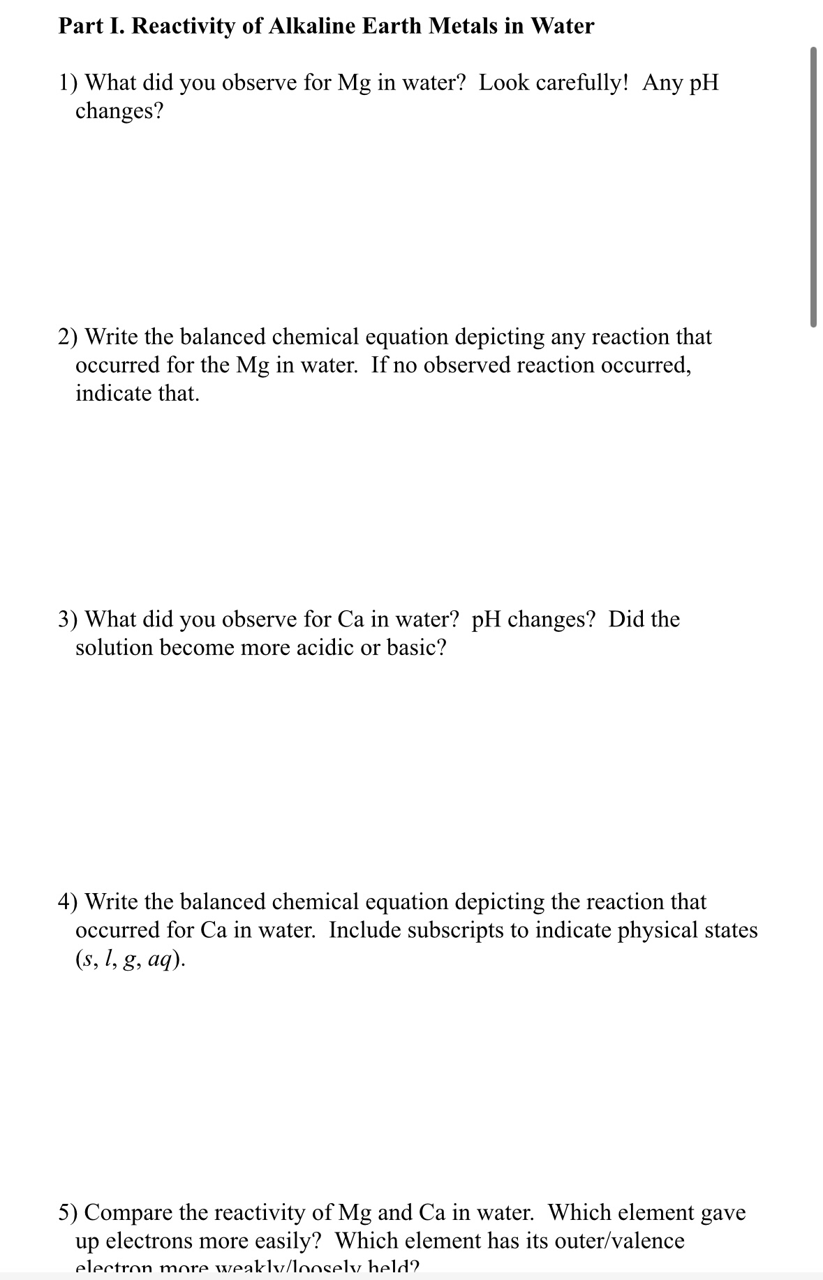 Solved Part I. Reactivity of Alkaline Earth Metals in | Chegg.com