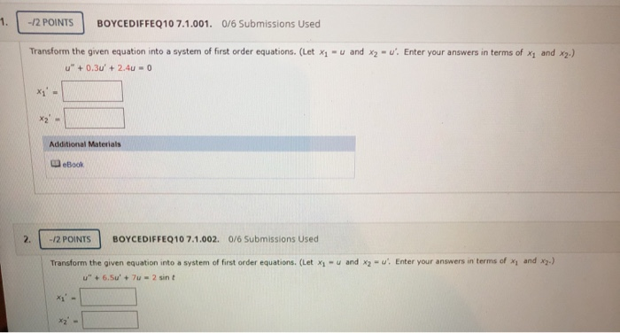 Solved 1. -/2 POINTS BOYCEDIFFEQ10 7.1.001. 0/6 Submissions | Chegg.com Solved 1. -/2 POINTS BOYCEDIFFEQ10 7.1.001. 0/6 Submissions | Chegg.com