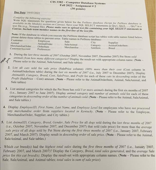 CIS 3382 - Computer Database Systems Fall 2022 - | Chegg.com