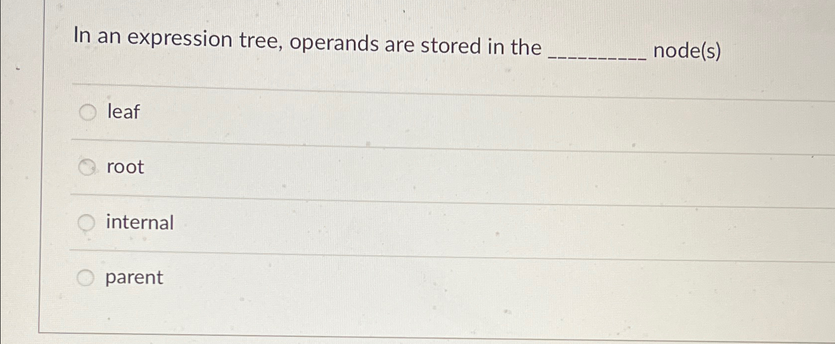 Solved In an expression tree, operands are stored in the | Chegg.com