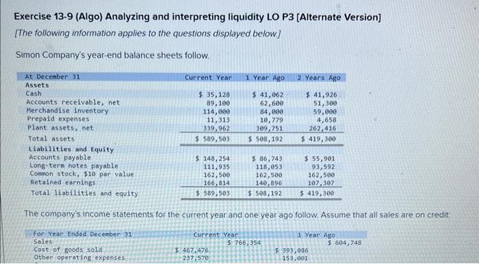 Solved Exercise 13-9 (Algo) Analyzing and interpreting | Chegg.com