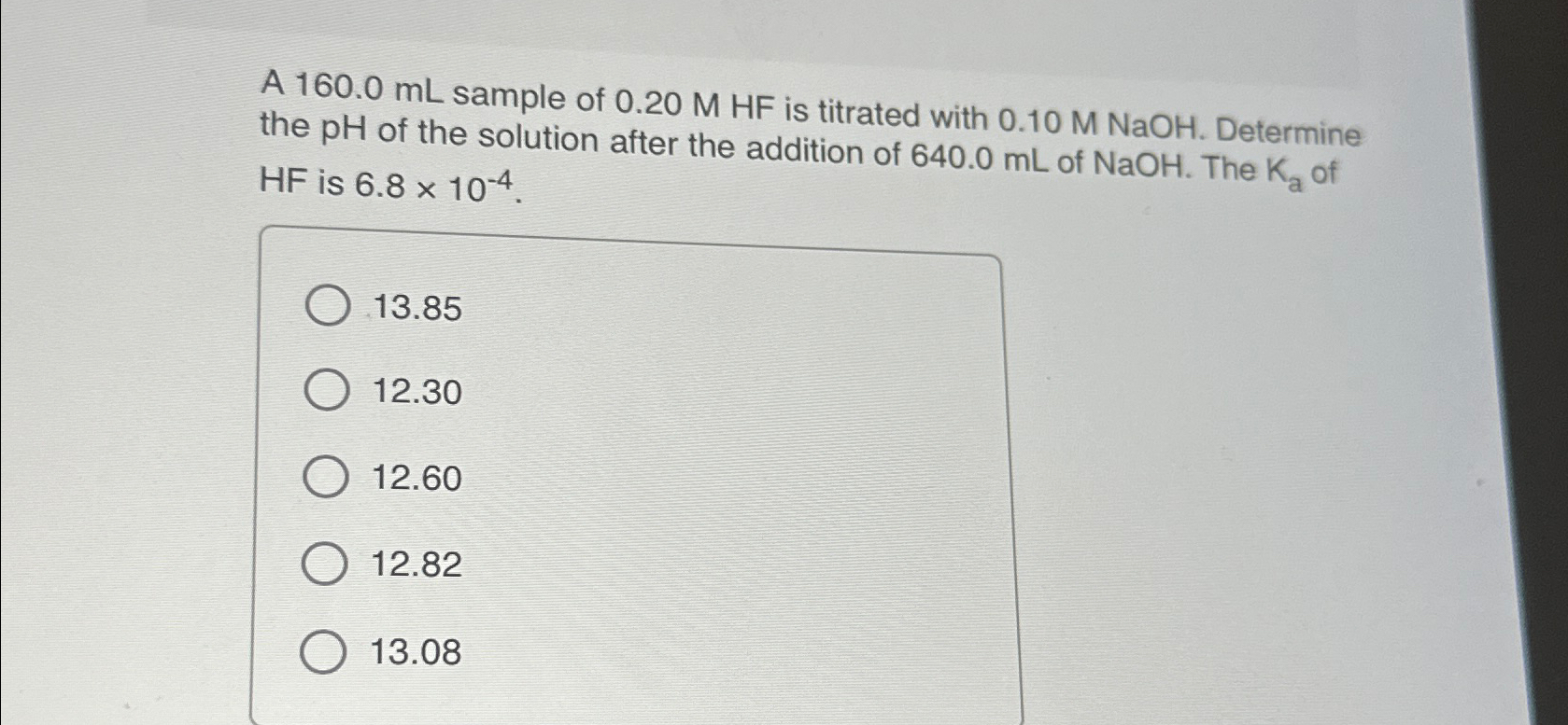 Solved A 160.0mL ﻿sample of 0.20M ﻿HF is titrated with | Chegg.com
