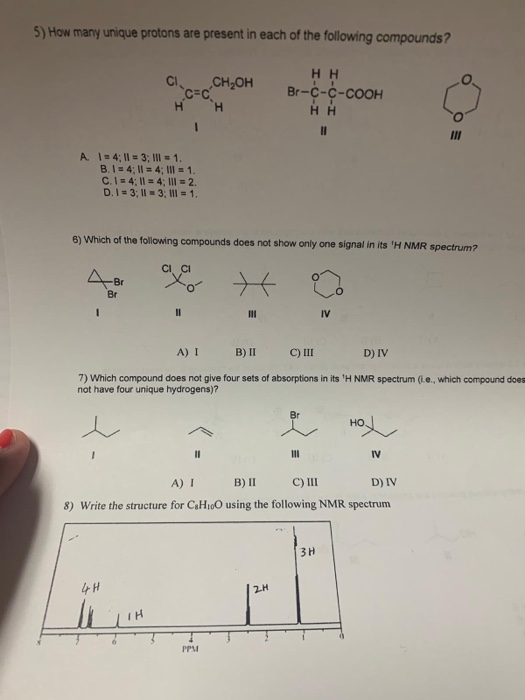 Solved 5) How many unique protons are present in each of the | Chegg.com