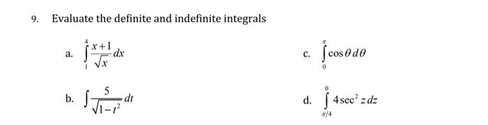 Solved Evaluate the definite and indefinite integrals a. | Chegg.com