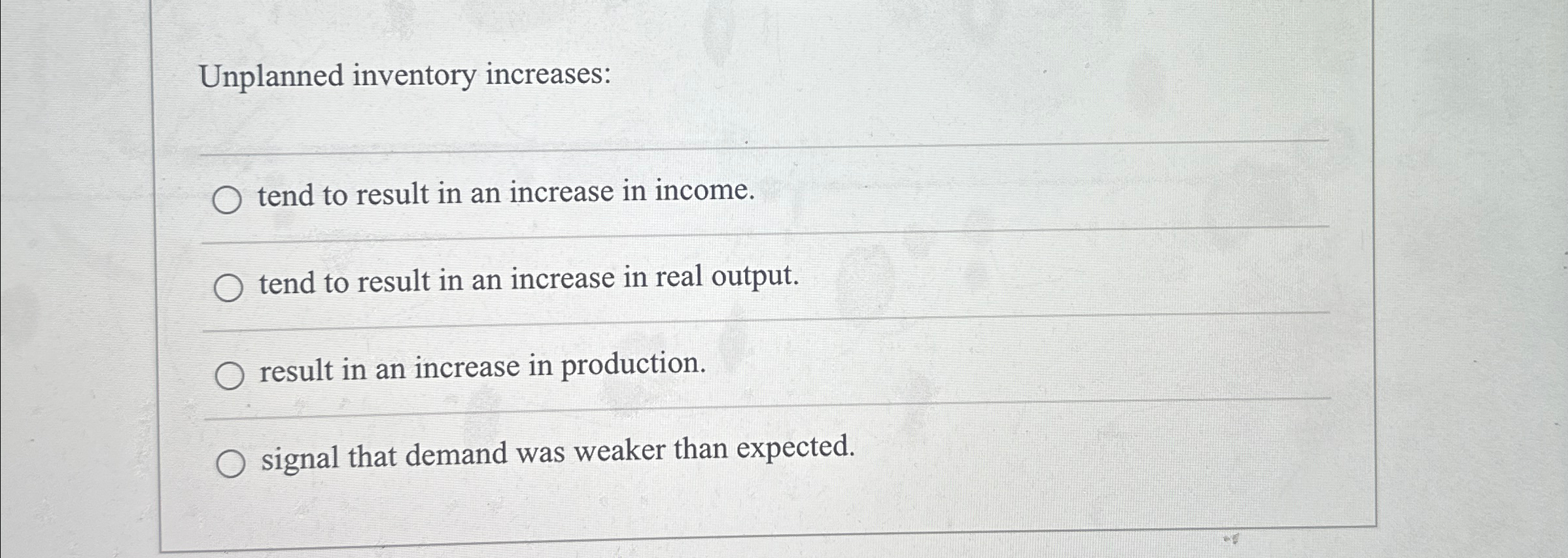 Solved Unplanned inventory increases:q,tend to result in an | Chegg.com