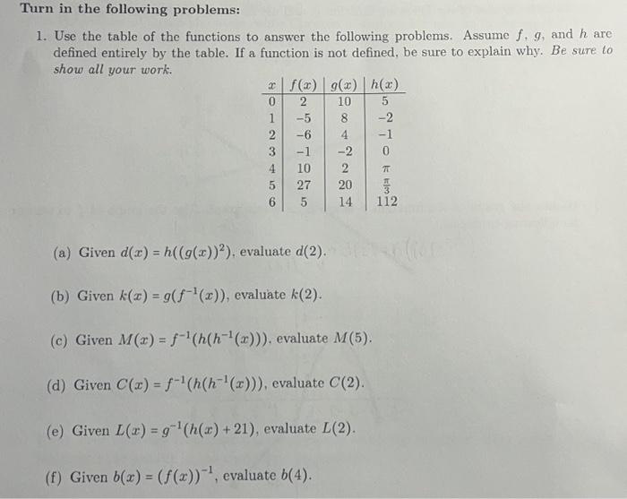 Solved Turn in the following problems: 1. Use the table of | Chegg.com